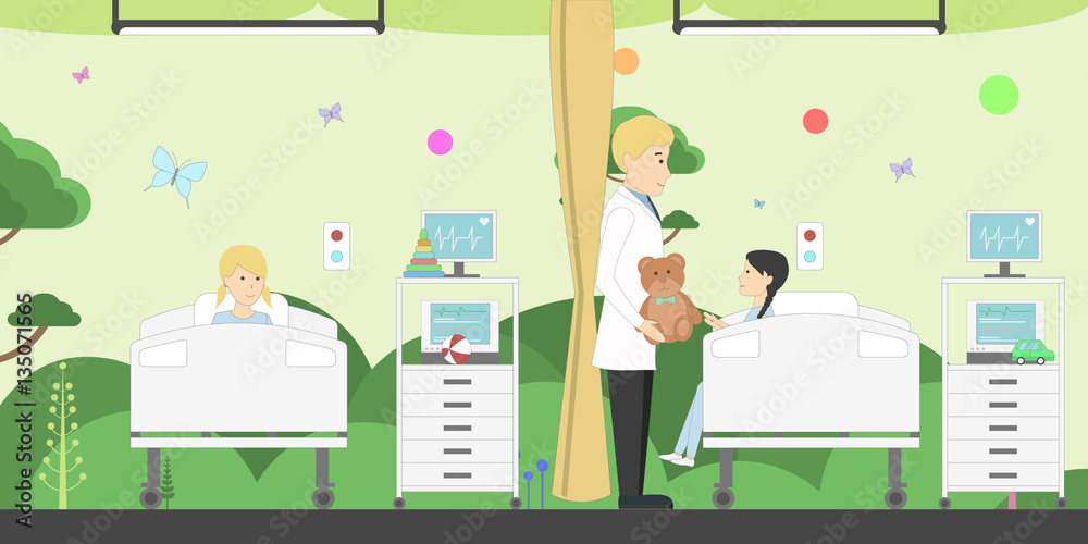 Children ward in hospital. Funny cartoon interior. Male doctor with ...