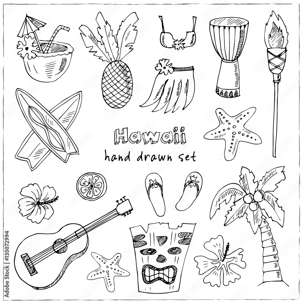 Hawaii Symbols and Icons, including Hula skirt, tiki gods, totem pole ...