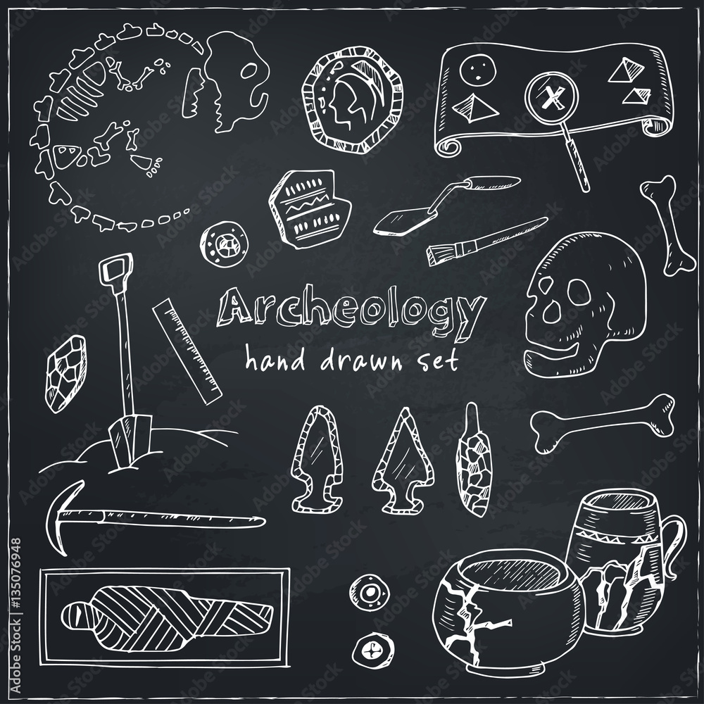 Archeology hand drawn sketch set of paleontological and archaeological ...