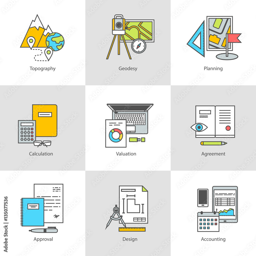 Flat line conceptual stages set icons, objects and tools. Geodesy ...