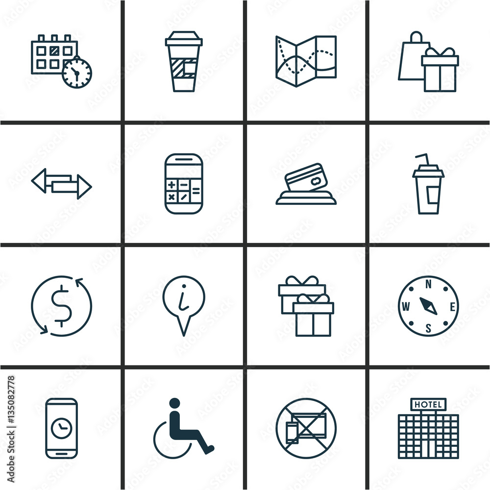 Set Of 16 Airport Icons. Includes Call Duration, Road Map, Locate And ...