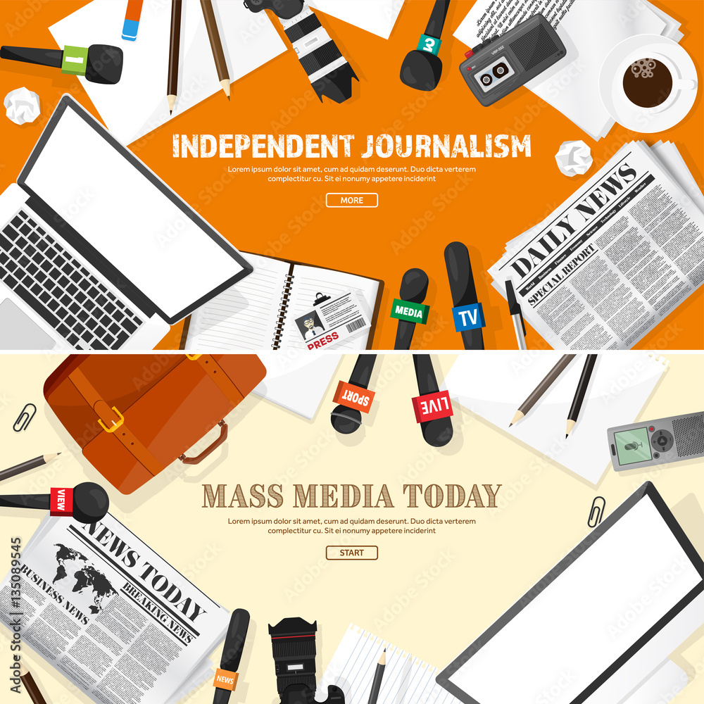 Mass media background in a flat style.Press conference with ...