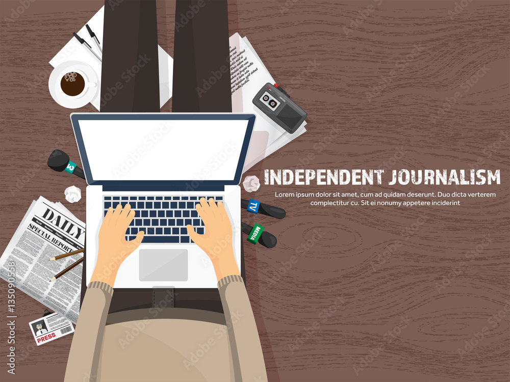 Mass media background in a flat style.Press conference with ...