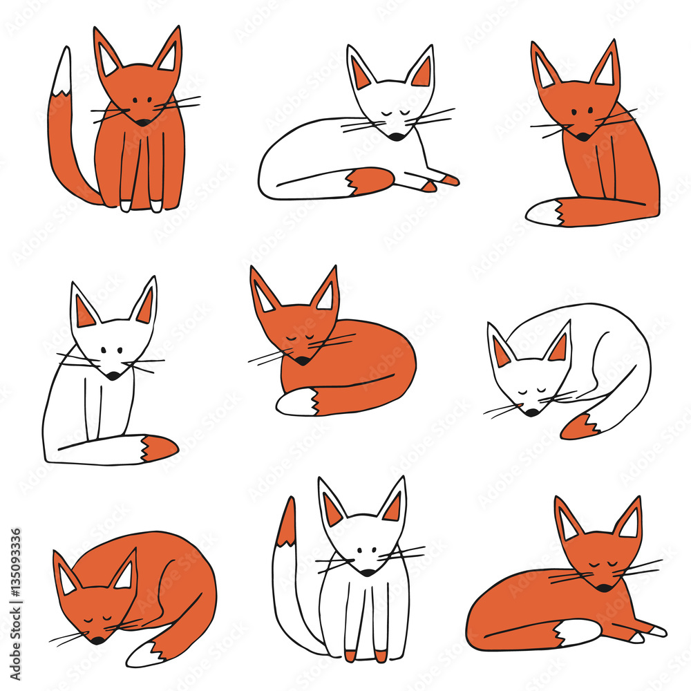 Cute fox set. Hand drawn doodle foxes. Cartoon animals collection ...