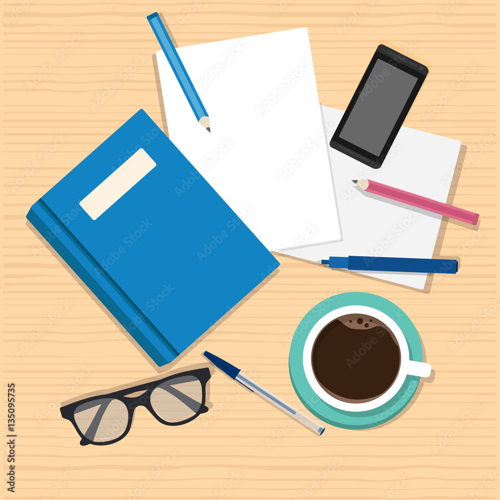 Notebook design vector top view on desk concept, Workspace with office ...