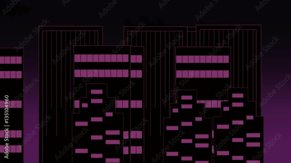 An animated cartoon of a city pan showing cluttered tall buildings ...
