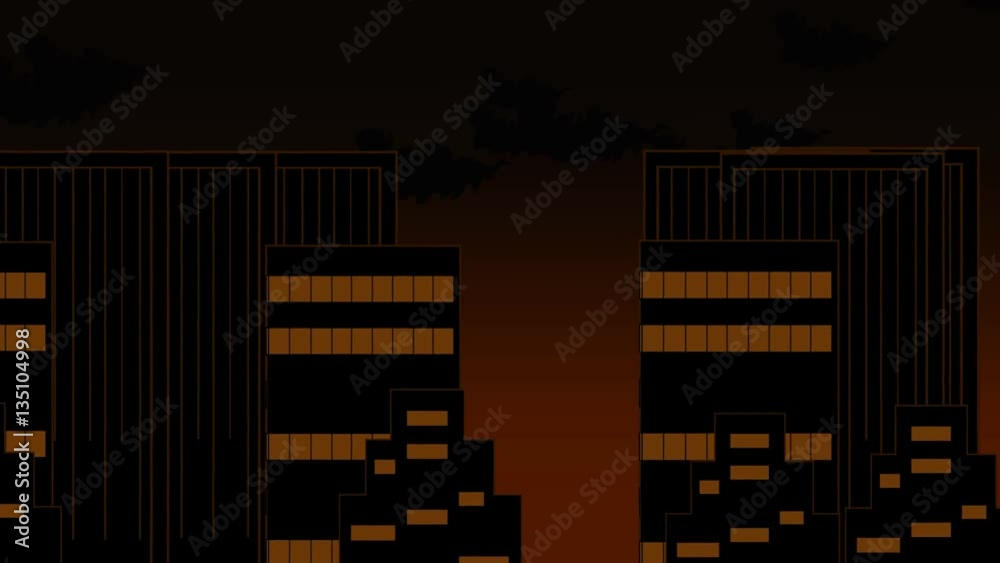 An animated cartoon of a city pan showing cluttered tall buildings ...