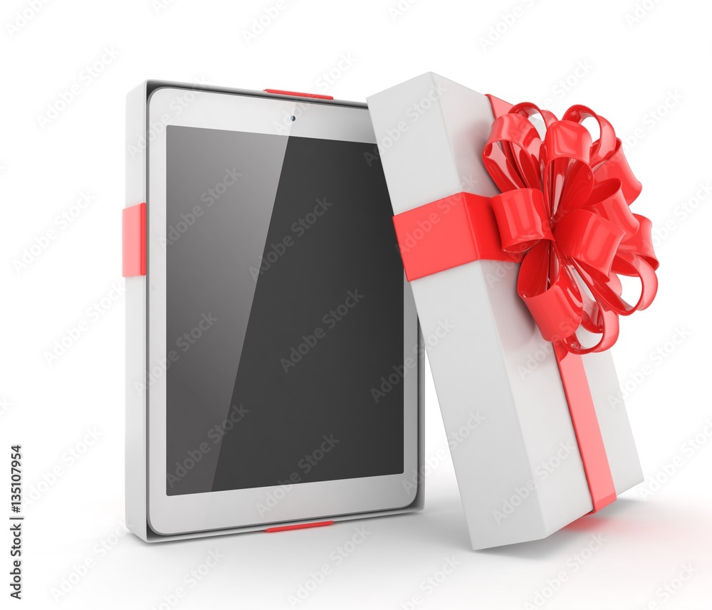 Tablet in white gift box with red bow and ribbons on white. 3D ...