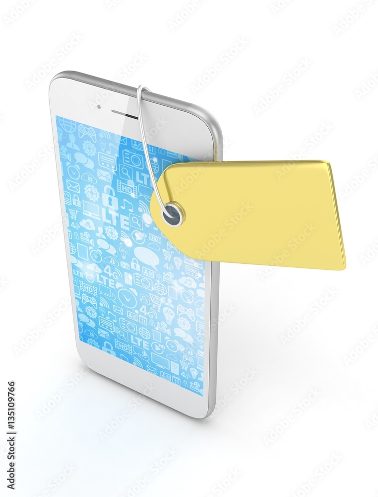 White smart phone with golden price tag on white background ...