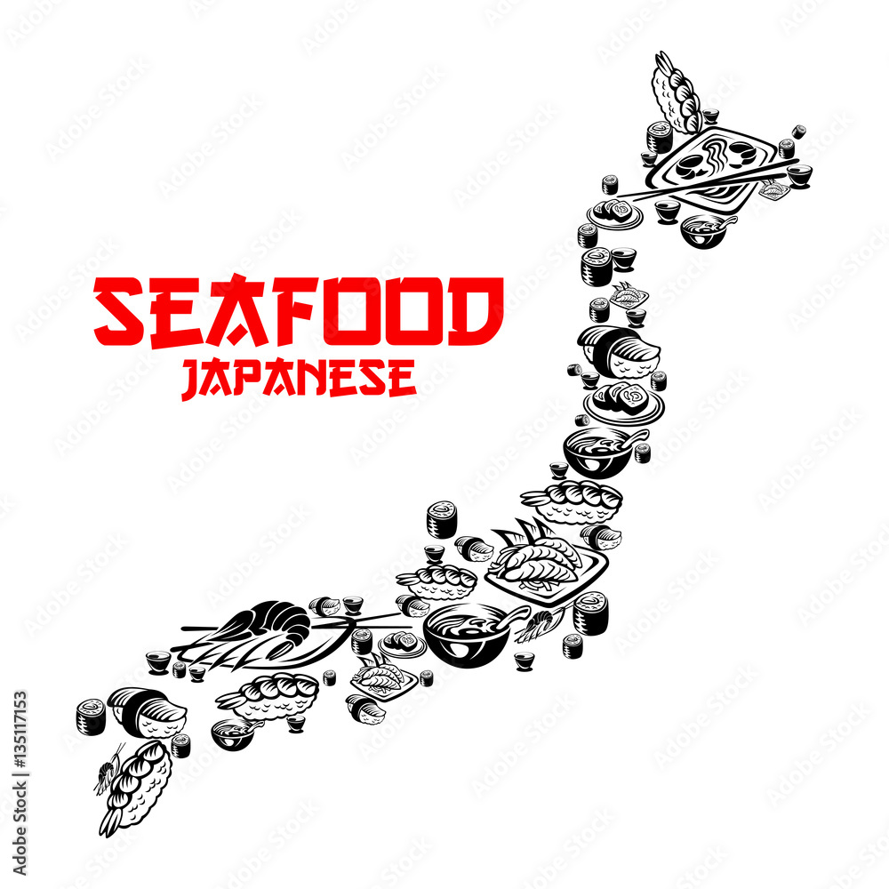 Japanese seafood, sushi forming map of Japan Stock Vector | Adobe Stock
