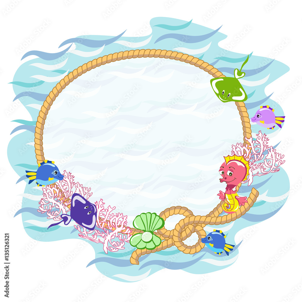 Sea frame with cartoon sea animals. Sea life. Frame made of rope. Stock ...