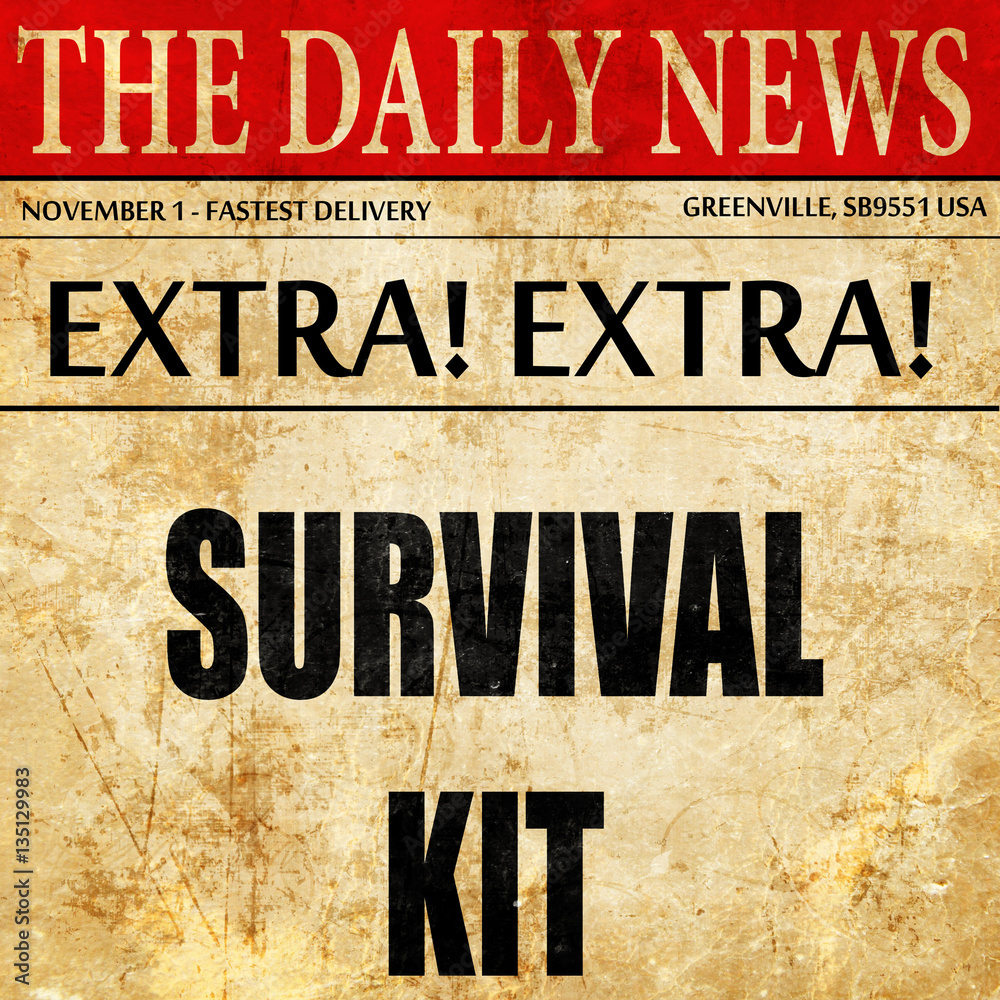 Survival kit sign, newspaper article text ilustração do Stock | Adobe Stock