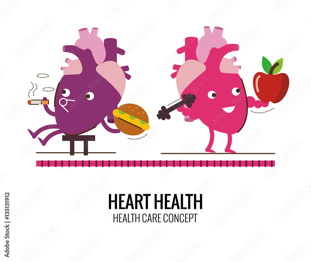 healthy heart and unhealthy heart character. Danger of smoking. cartoon ...
