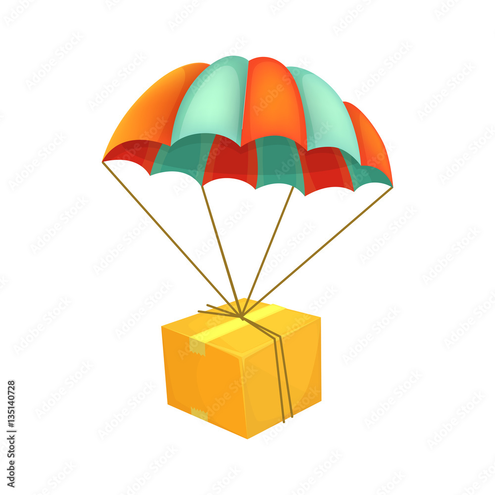 Package flying on parachute. Air shipping. Box vector icon. Delivery ...
