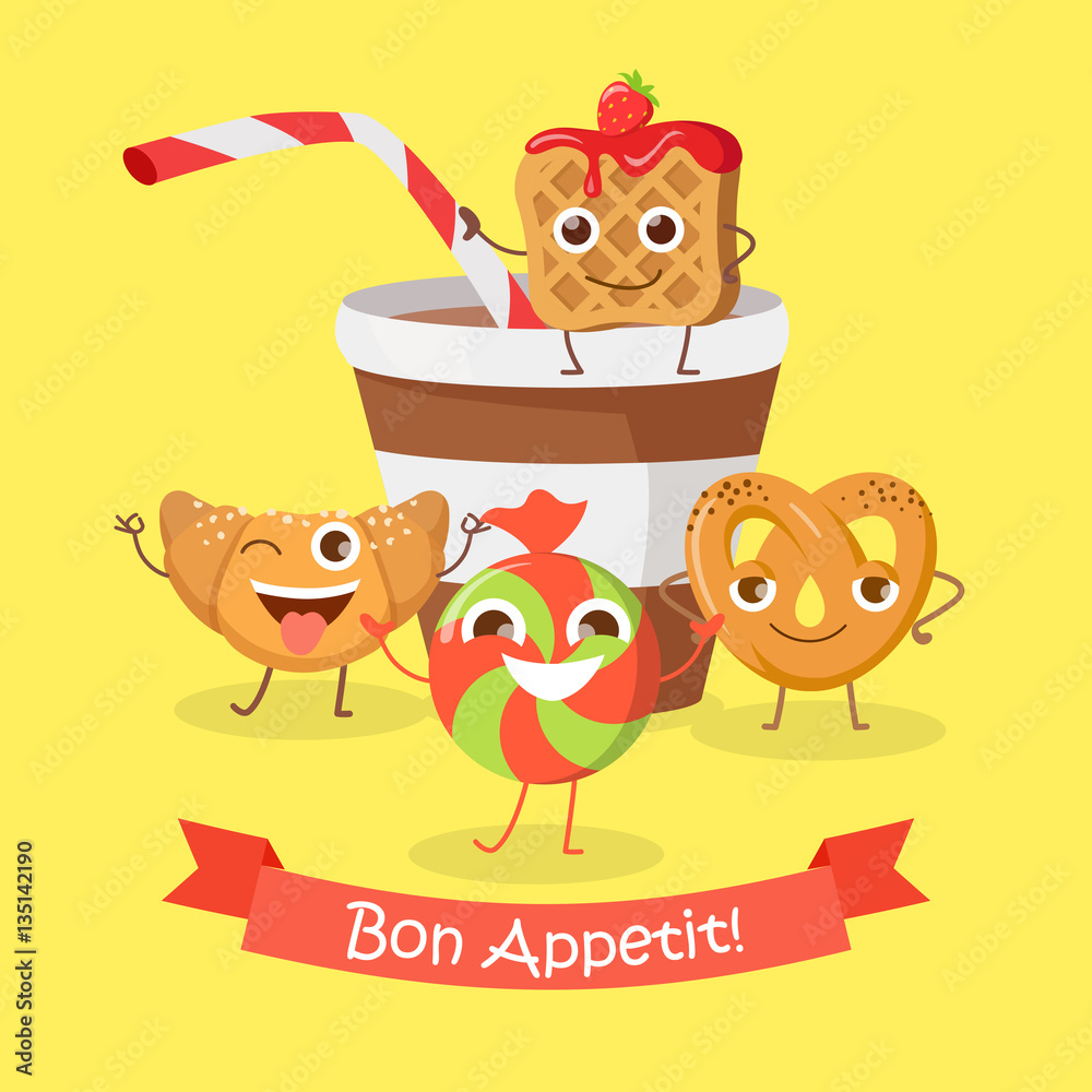 Bon Appetit. Funny Cartoon Characters Banner. Stock Vector | Adobe Stock