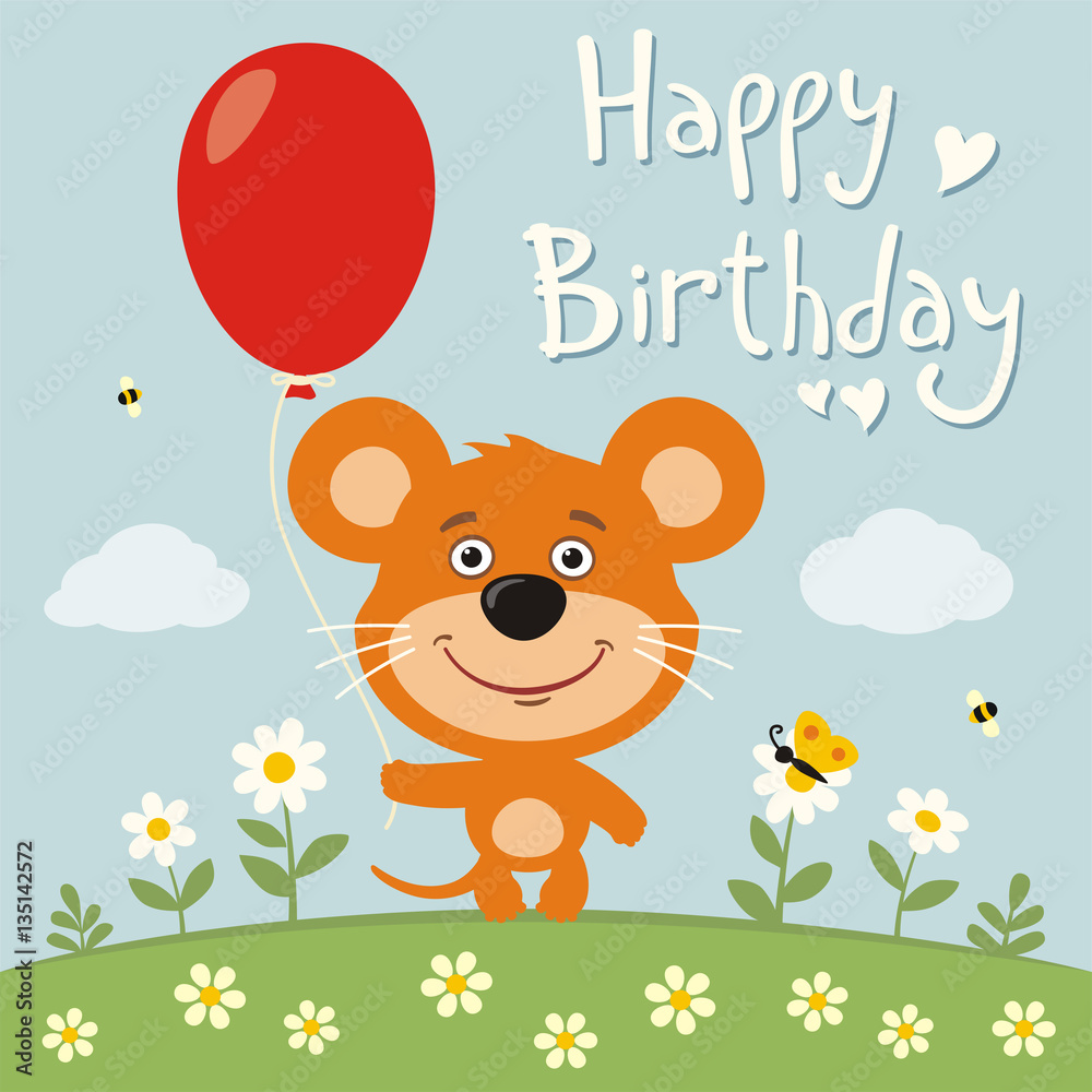 Happy birthday! Funny mouse with red balloon on flower meadow. Birthday ...