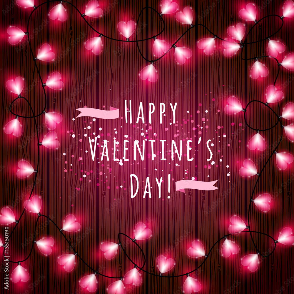 Vector Valentine's Day heart-shaped lights border on wooden texture ...