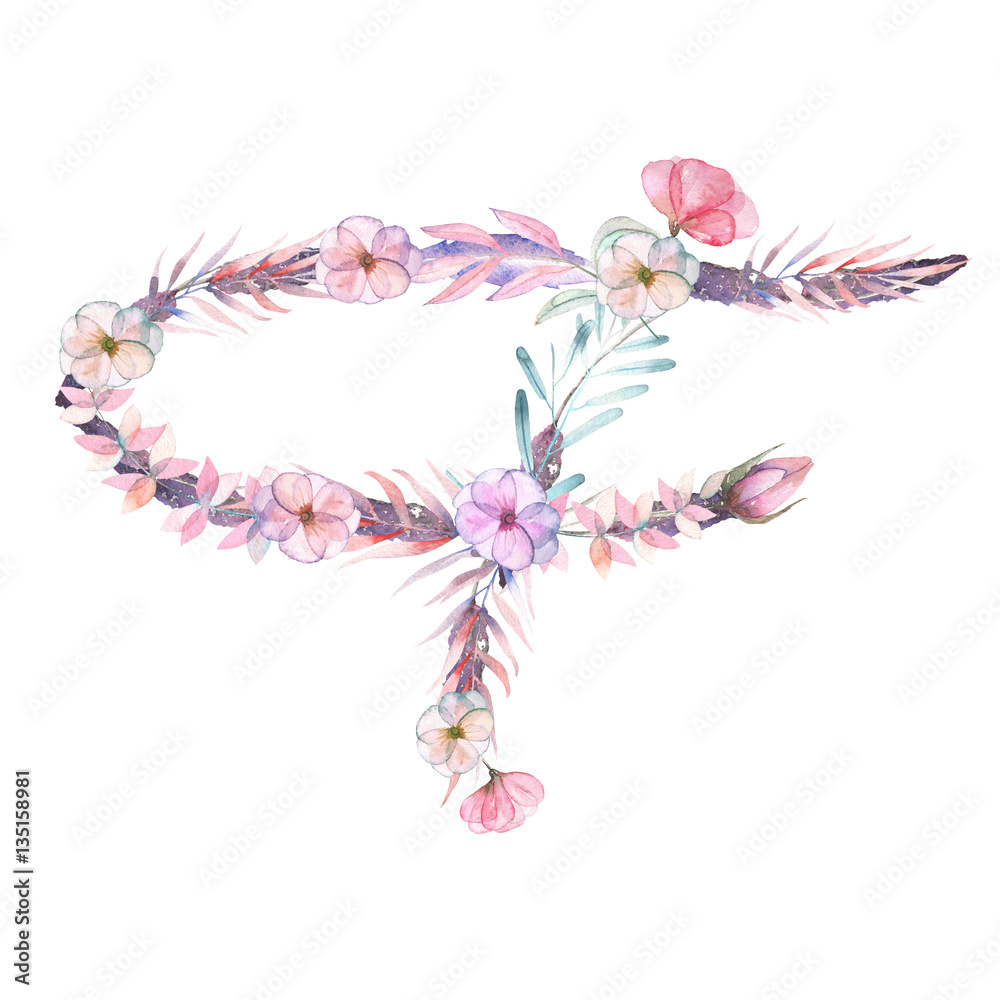 Capital letter F of watercolor pink and purple flowers, isolated hand ...