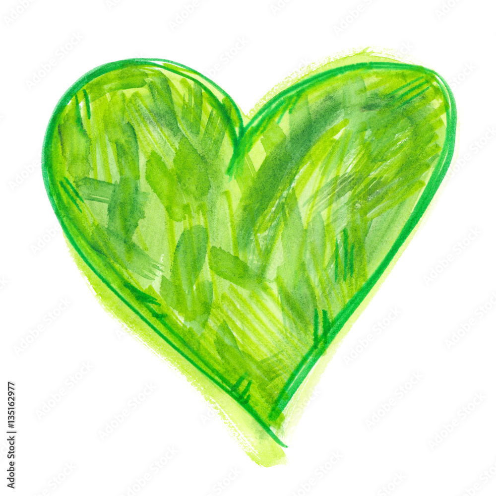 Big bright green heart with visible brush strokes painted in watercolor ...