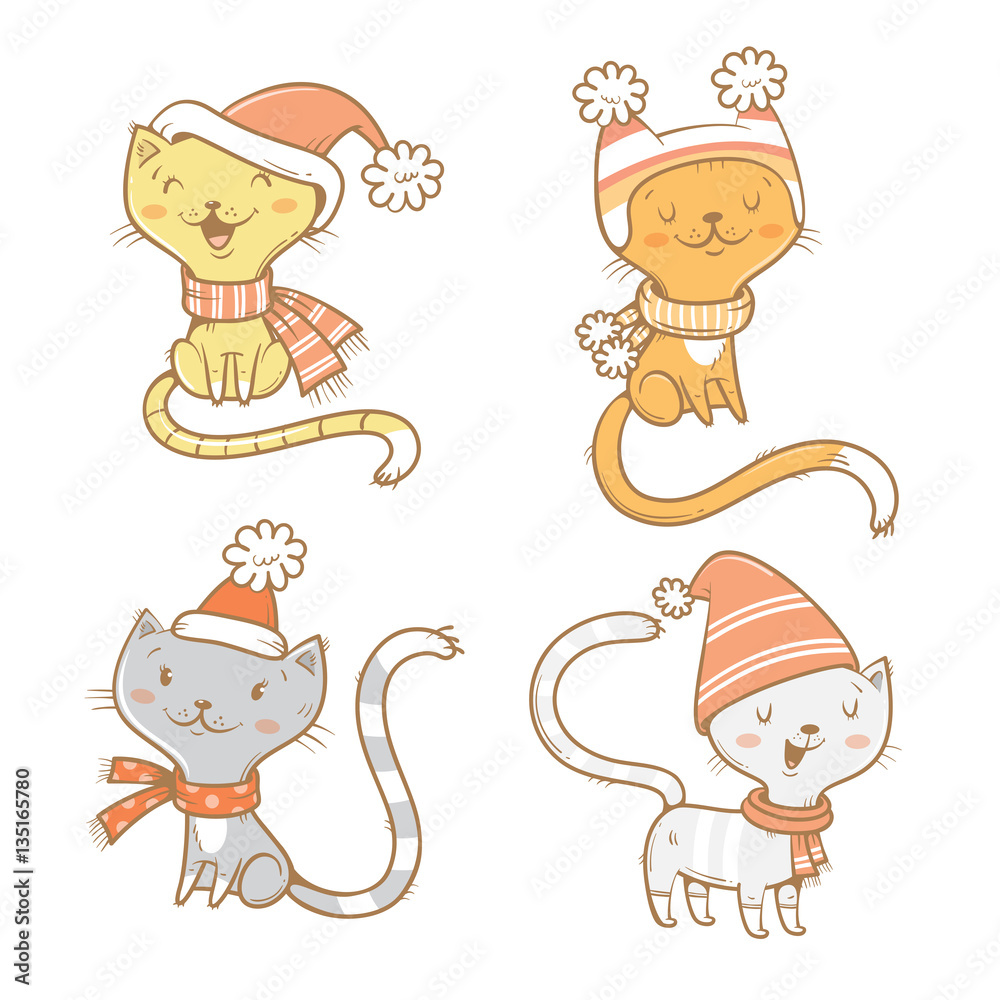 Cute cartoon cats set. Four little kitten. Winter time. Funny animals ...