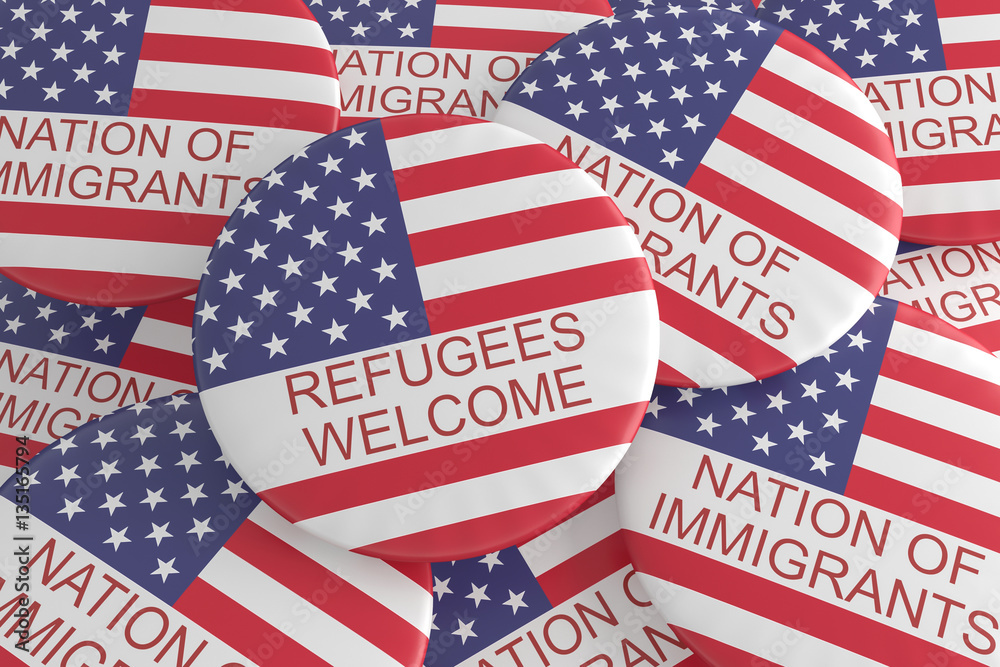 US News Concept Badge: Nation of Immigrants Pile With Refugees Welcome ...