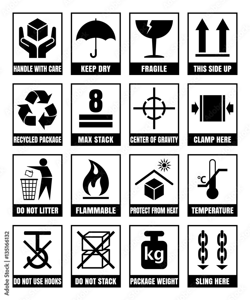 Packaging signs isolated on white background such as FRAGILE, HANDLE ...