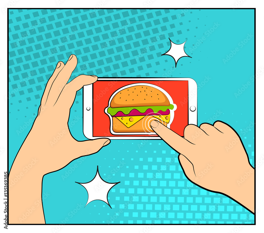 Comic phone with halftone shadows and Hamburger. Hand holding ...