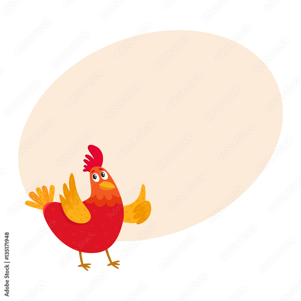 Funny cartoon red and orange chicken, hen pointing to something with ...
