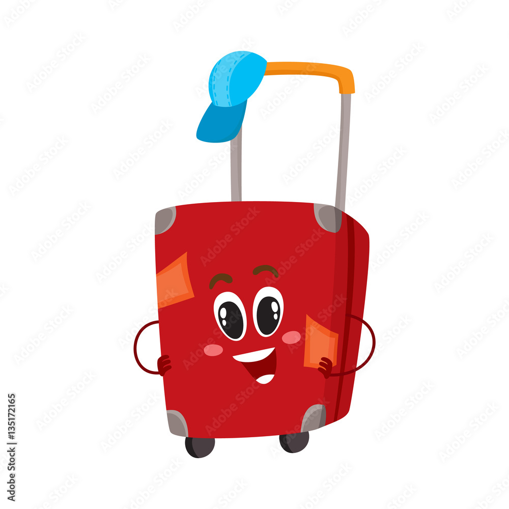 Cute and funny big red suitcase character with many labels, travelling ...
