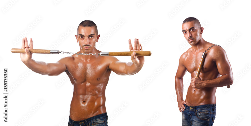 Martial arts warrior with nunchucks on white Stock-Foto | Adobe Stock