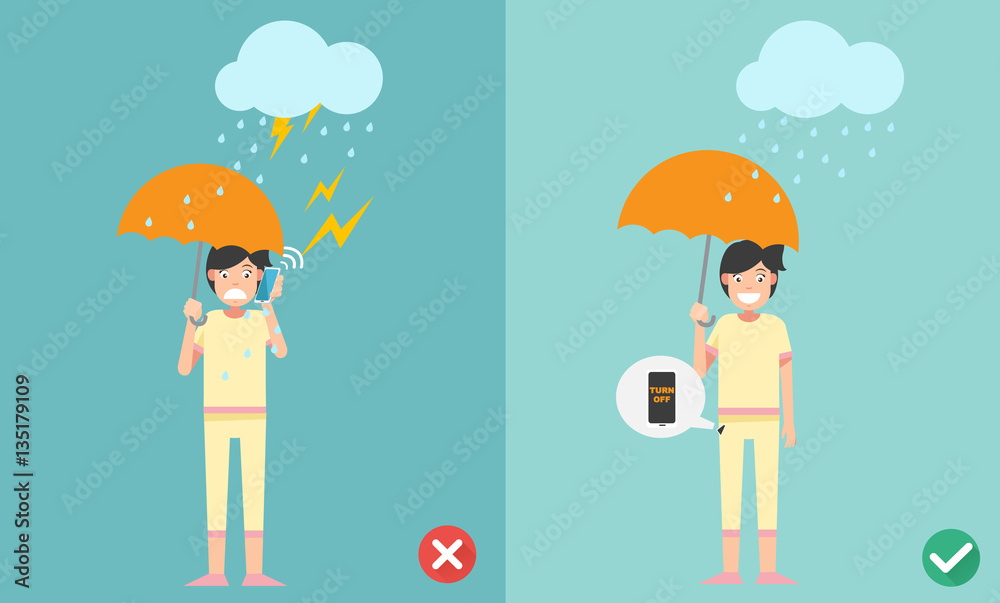 Wrong and right ways.Do not phone call while raining illustratio Stock ...