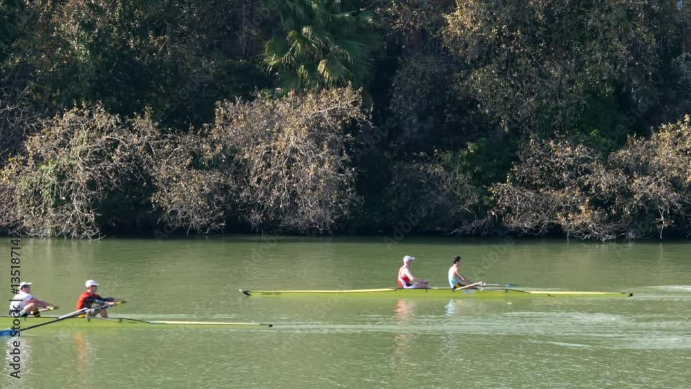 Sevilla, Spain. Rowers training on the river Guadalquivir Stock-Video ...
