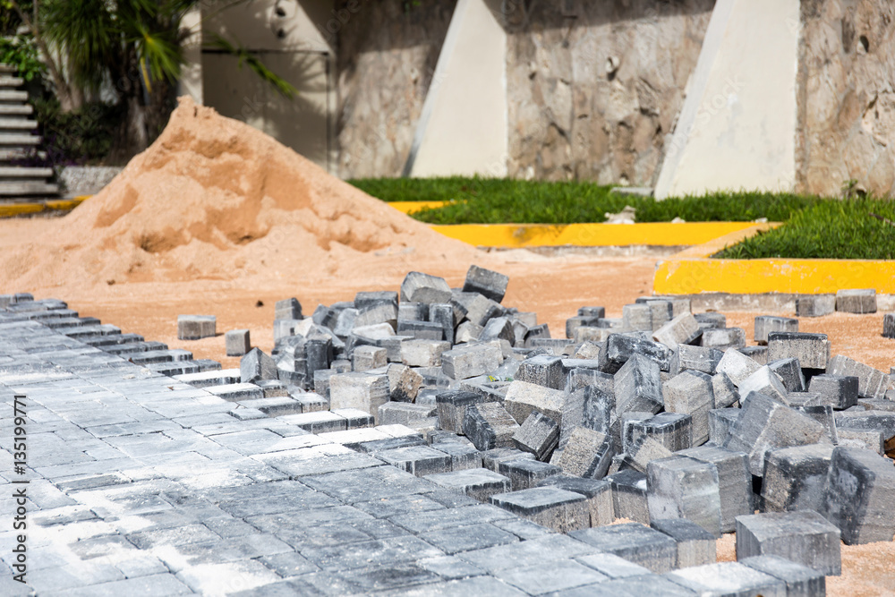 Process of building road with paving stone Stock Photo | Adobe Stock