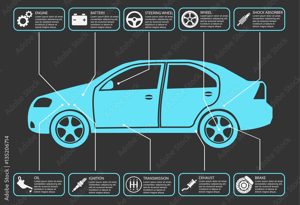 Infographic template with car and car parts icons, service and repair ...