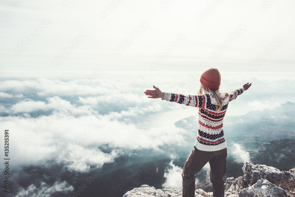 Happy woman traveler on mountain summit hands raised Travel Lifestyle ...