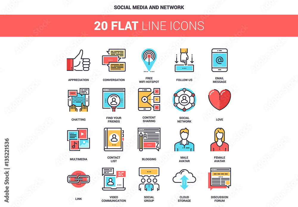 20 Five-Color Line Art Social Media Icons Stock Template | Adobe Stock