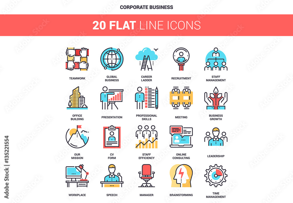 20 Five-Color Line Art Business Icons Stock Template | Adobe Stock