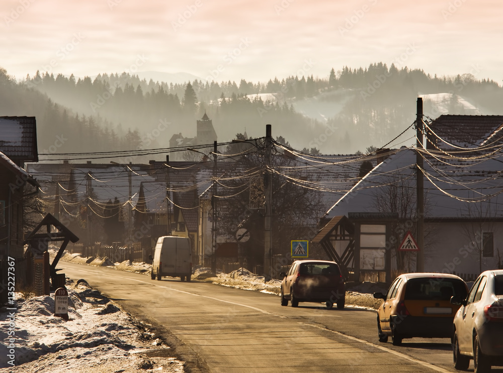 Bran city with the famous Bran castle in the background, Romania. Stock ...
