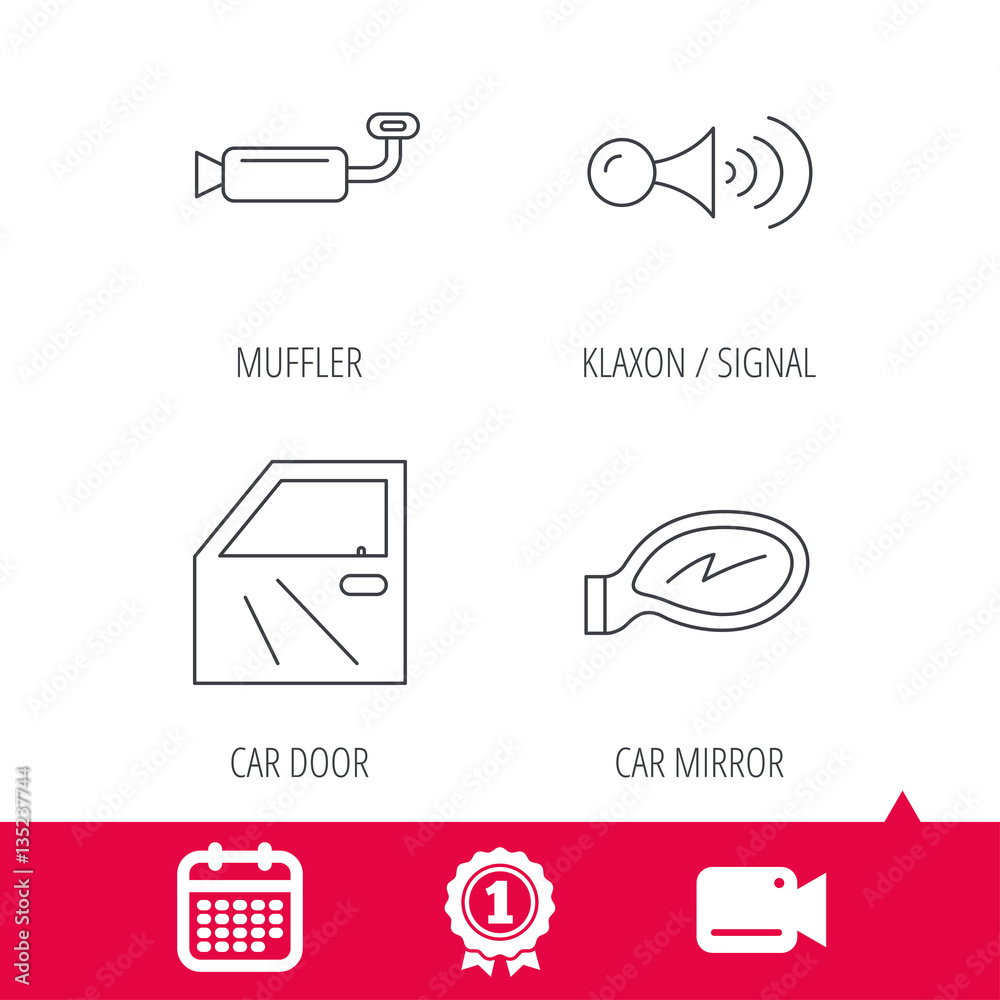 Achievement and video cam signs. Car door, muffler and klaxon signal ...
