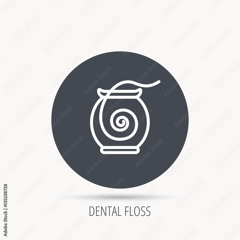 Dental floss icon. Teeth cleaning sign. Oral hygiene symbol. Round web ...