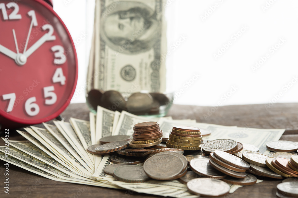Close up of dollars and coins for currency exchange on white bac Stock ...