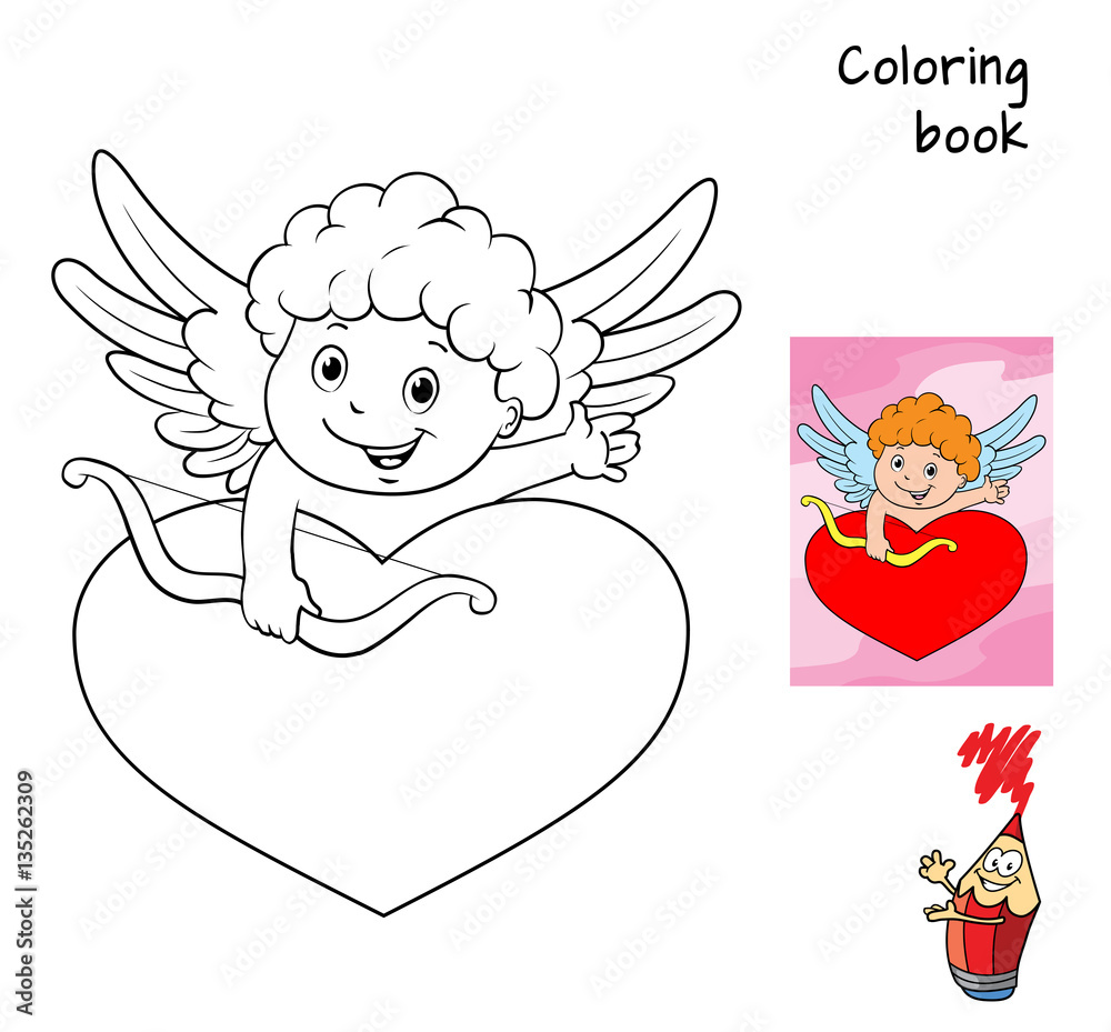 Cute little cupid with bow behind the heart. Coloring book. Cartoon ...