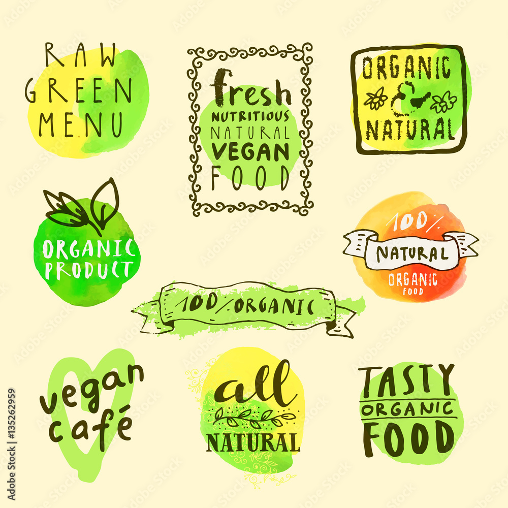 Watercolor organic labels collection. Retro style set of 100% bio ...