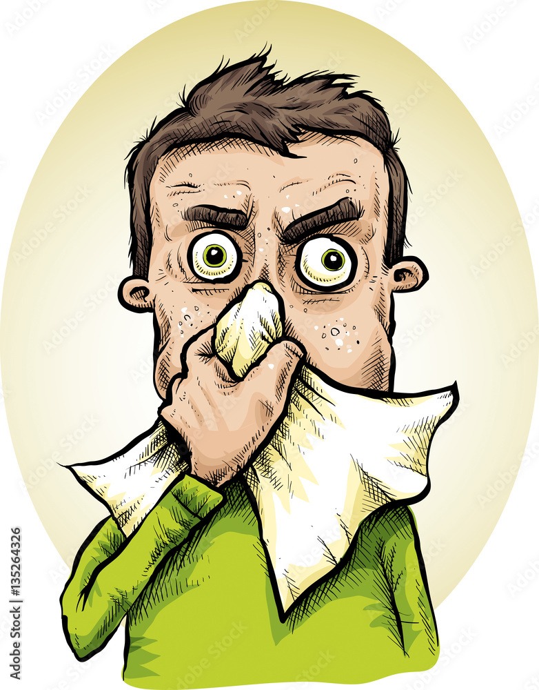 A cartoon man with a cold sneezes and blows his nose into a ...