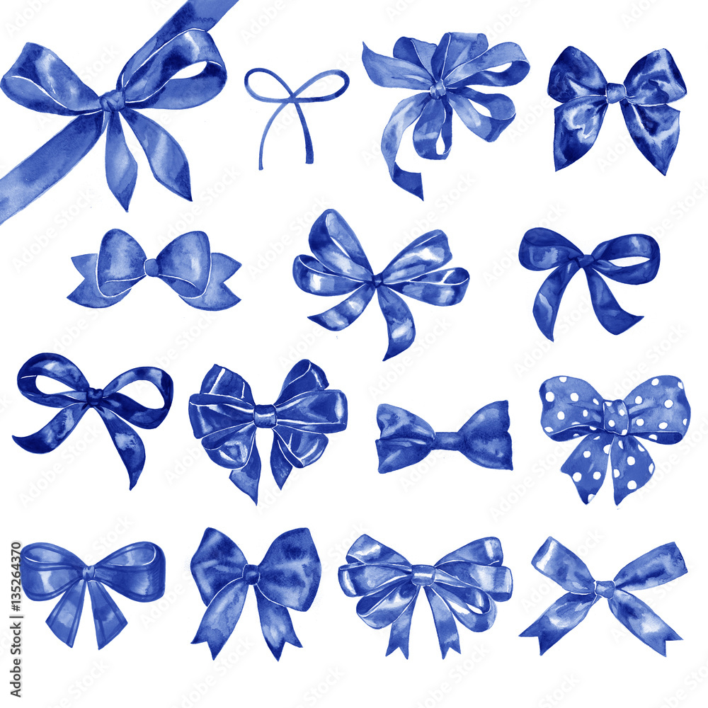 Watercolor bow big set. Different blue bows and ribbons for holidays ...