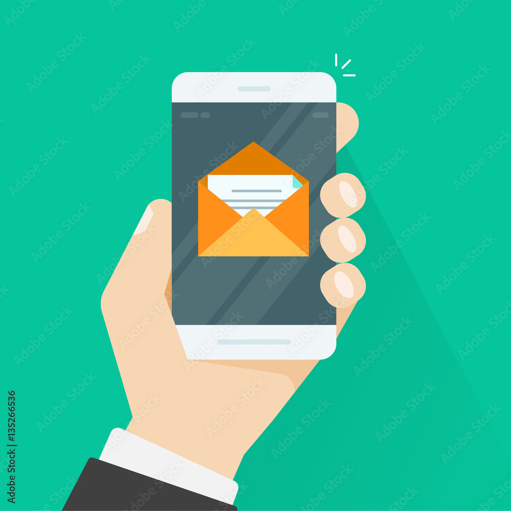 Mobile phone email vector illustration, flat style smartphone in hand ...