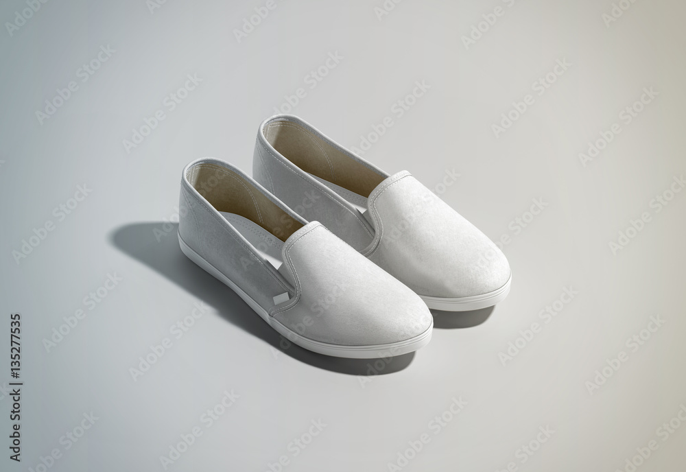 Blank white slip-on shoes pair design mockup, isometric view, 3d ...