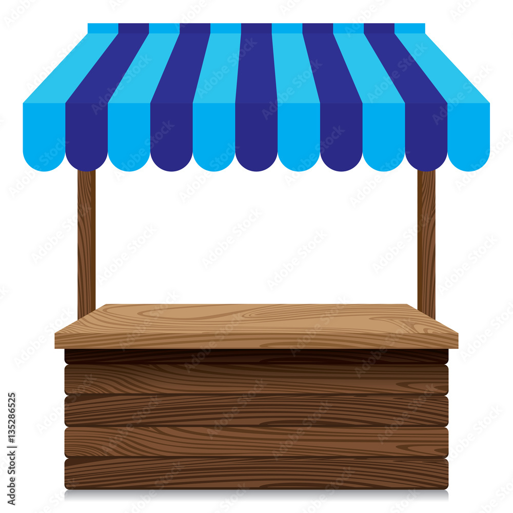 Wooden market stall with blue awning on white background. Stock Vector ...