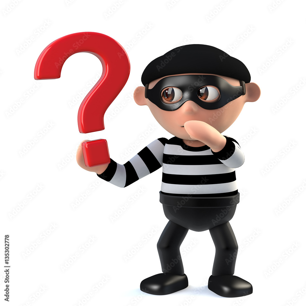 3d Funny cartoon criminal burglar character holding a question mark ...