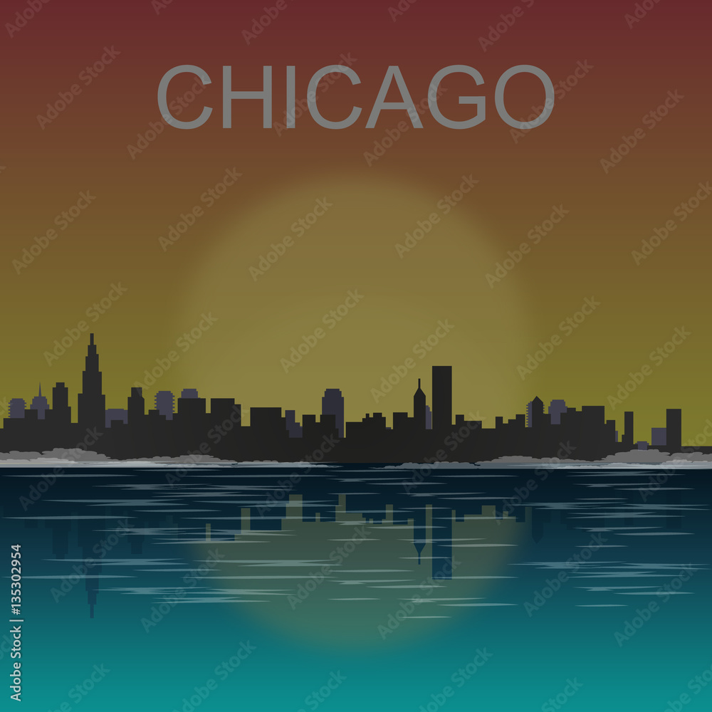 Chicago skyline reflected at sunset vector illustration Stock Vector ...